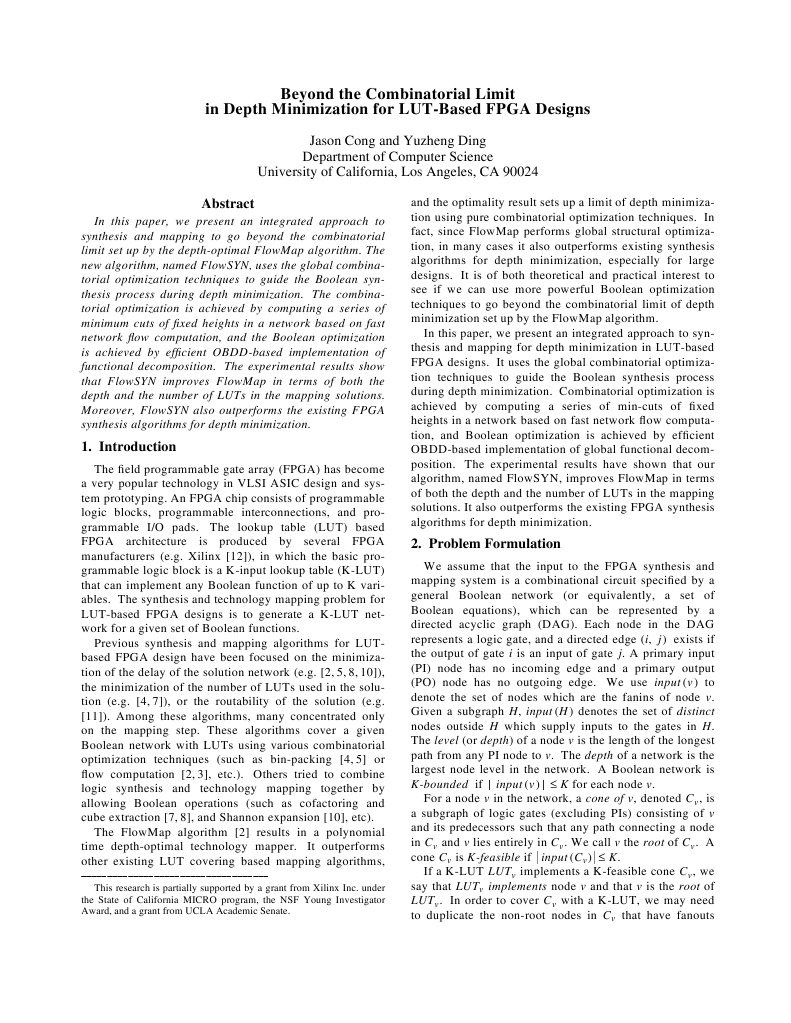 Beyond The Combinatorial Limit in Depth Minimization For LUT-Based FPGA Designs | PDF | Logic ...