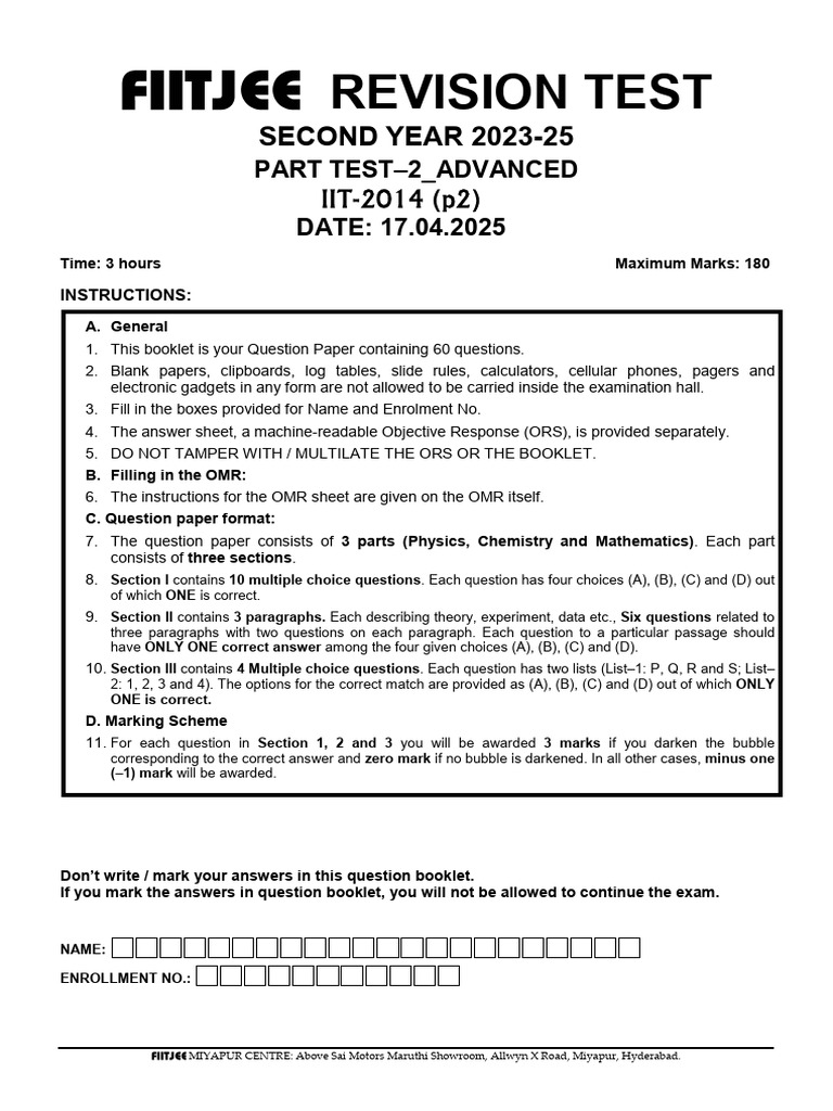 RT (Adv) - Part Test-2 - (2ND Yr) - 2014 (P2) - 17.04.2025 | PDF ...