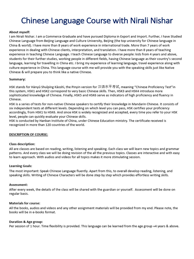 Chinese Language Course with Nirali - YCT | PDF | Learning | Human ...