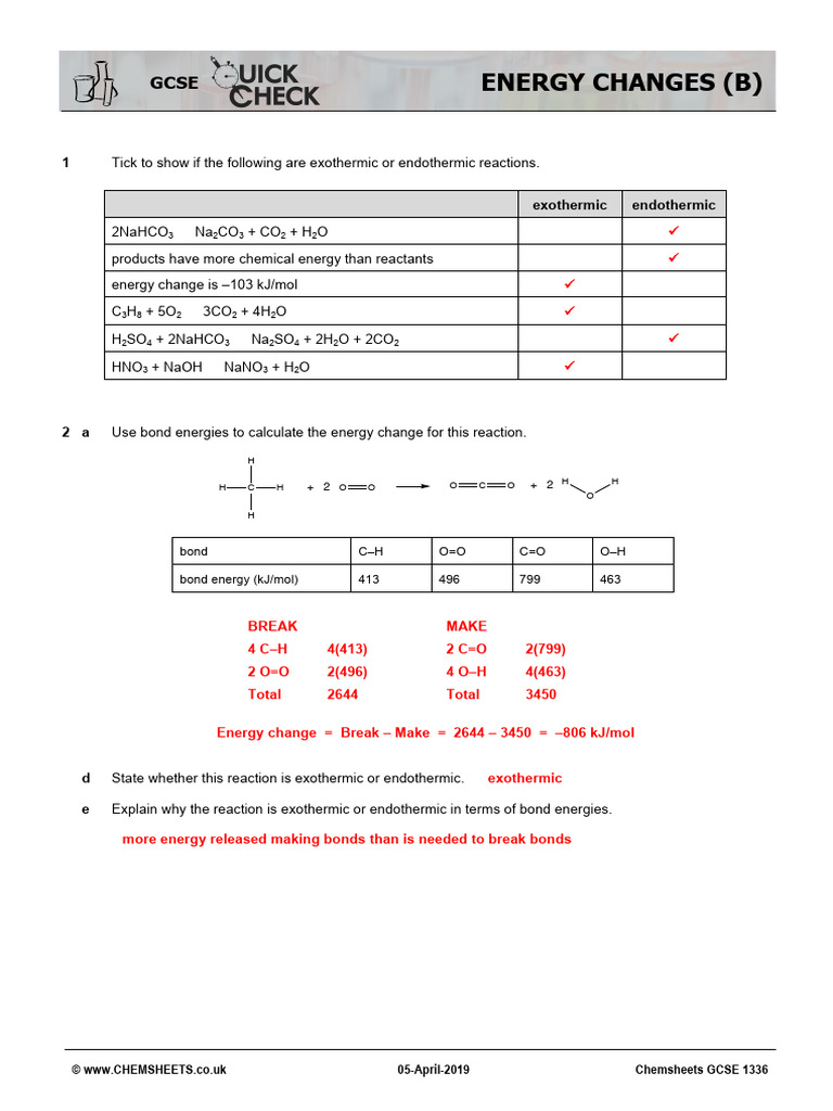 Chemsheets GCSE 1336 QC Energy Changes B ANS | PDF