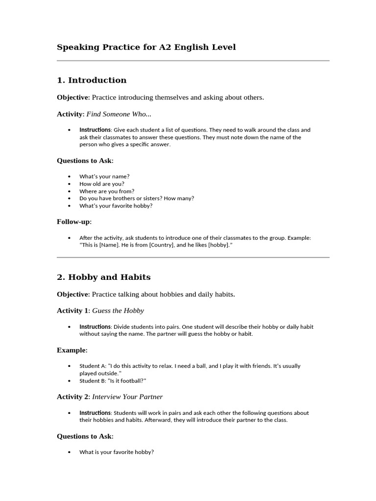 A2 Speaking Activities for Adults | PDF | Question