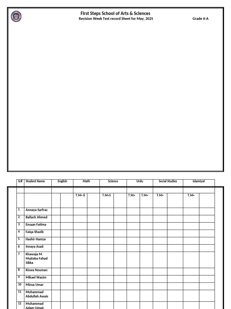 Revision Week Test Record Sheet | PDF
