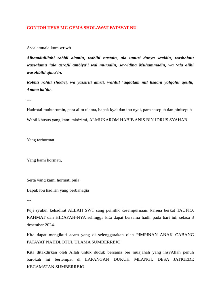 Contoh Teks MC Gema Sholawat Fatayat | PDF