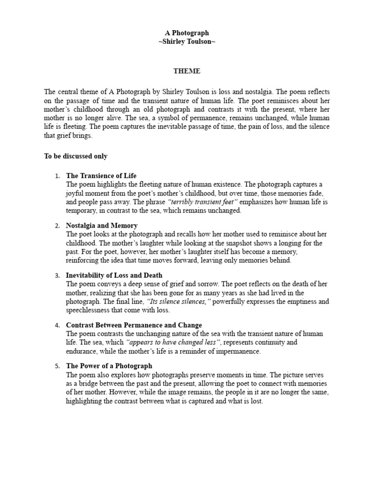 A Photograph_Resource Material.docx | PDF | Poetry | Nostalgia