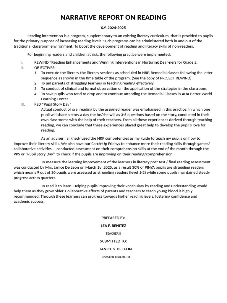 Narrative Report On Reading 2024-2025 | PDF | Reading Comprehension ...