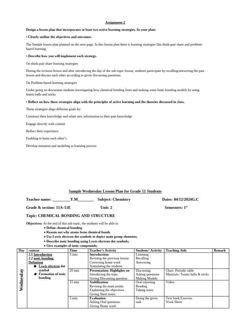 Assignment-2 Design A Lesson Plan | PDF | Chemical Bond | Chemistry