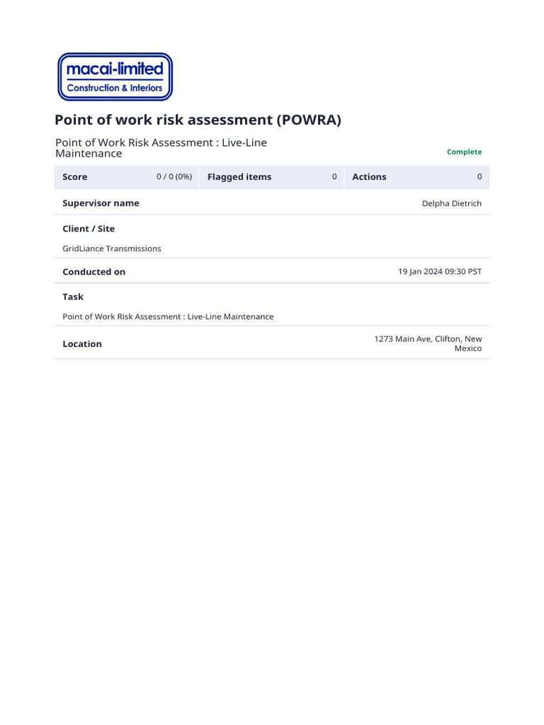 Point of Work Risk Assessment Live Line Maintenance | PDF | Risk ...
