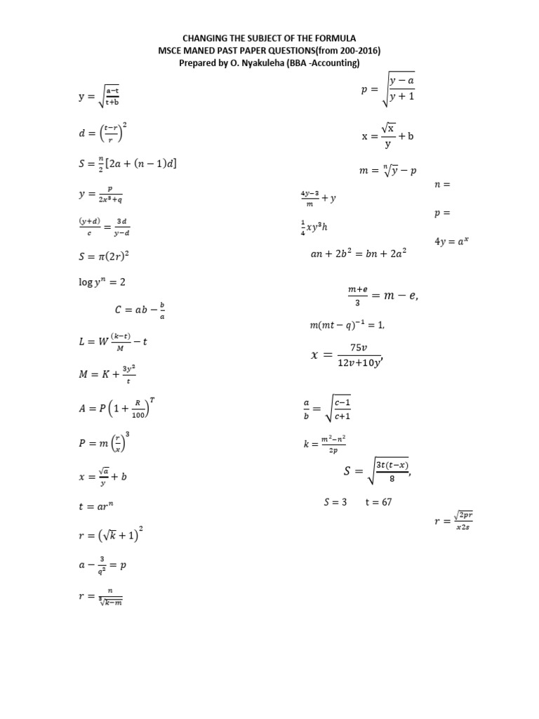 Formula Subject Change Questions Guide | PDF | Mathematics ...