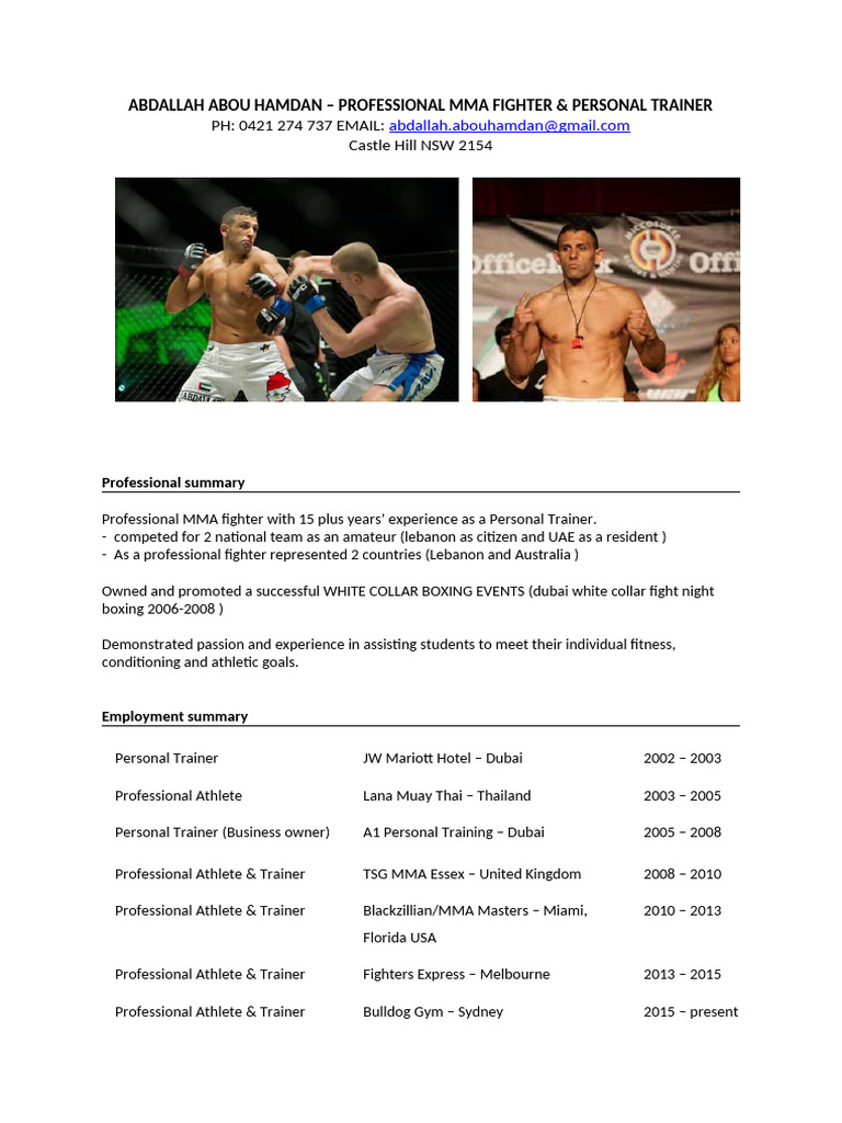 JORA Abdallahham Resume 20221006 | PDF | Personal Trainer | Mixed Martial Arts