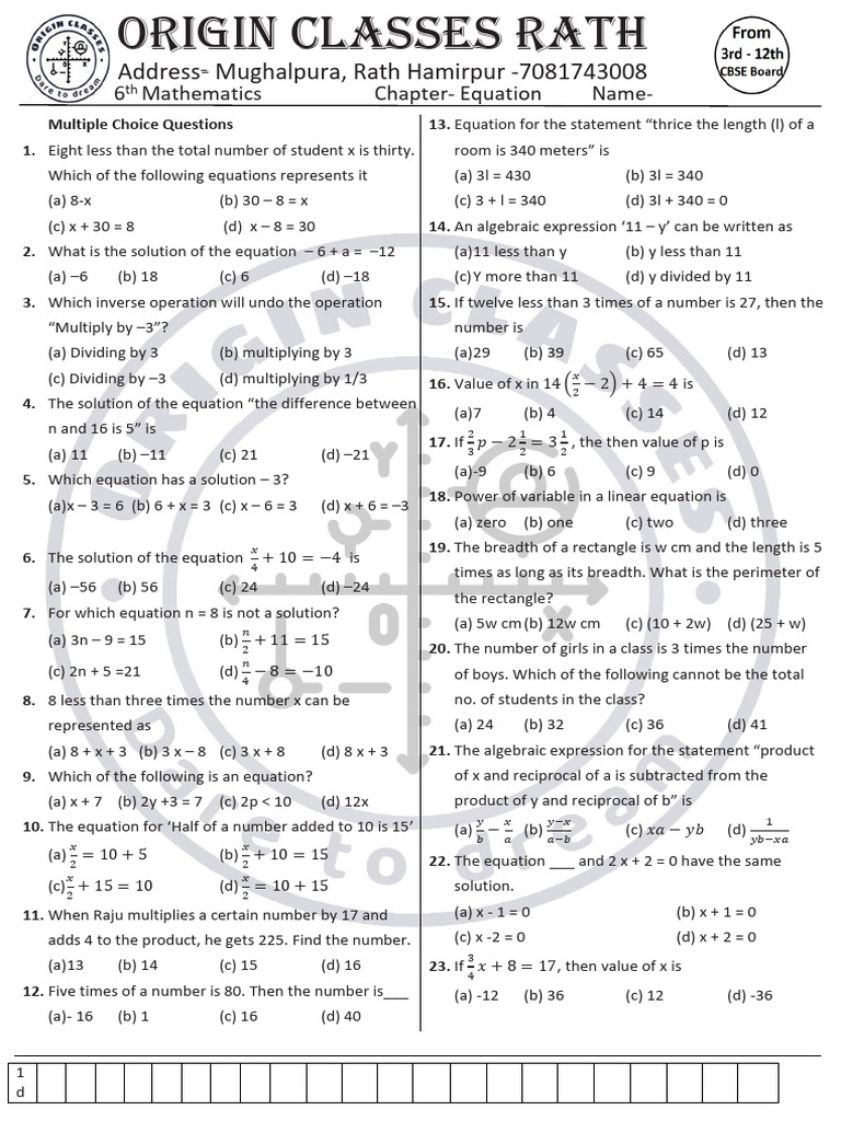 6th Grade Math Equations MCQs | PDF | Equations | Multiplication