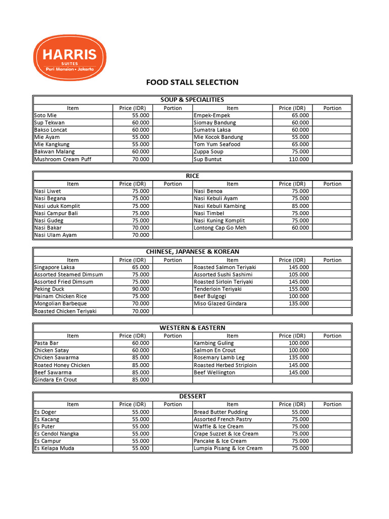 Food Stall Menu and Prices | PDF | Western Cuisine | Foods