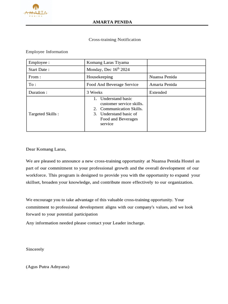Cross Training Notification - Komang Laras Tiyama | PDF