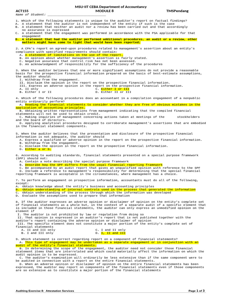 Auditing Module 8: Attestation Services | PDF | Audit | Auditor's Report