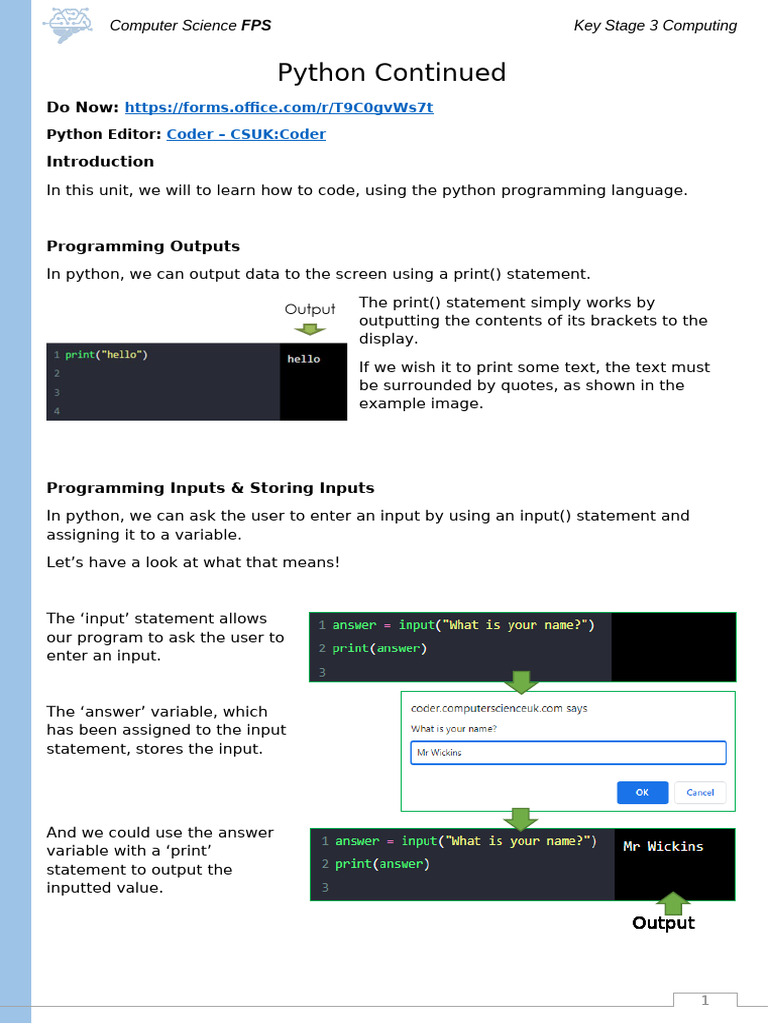01 Python Continued - Lesson 1 | PDF | String (Computer Science) | Input/Output