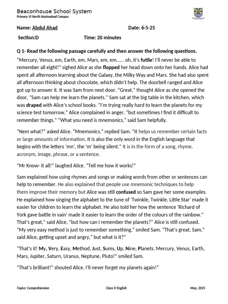 Abdul Ahad Khan - Term 2 Week 16 Day 1 Comprehension Reinforcement Worksheet | PDF | Planets ...