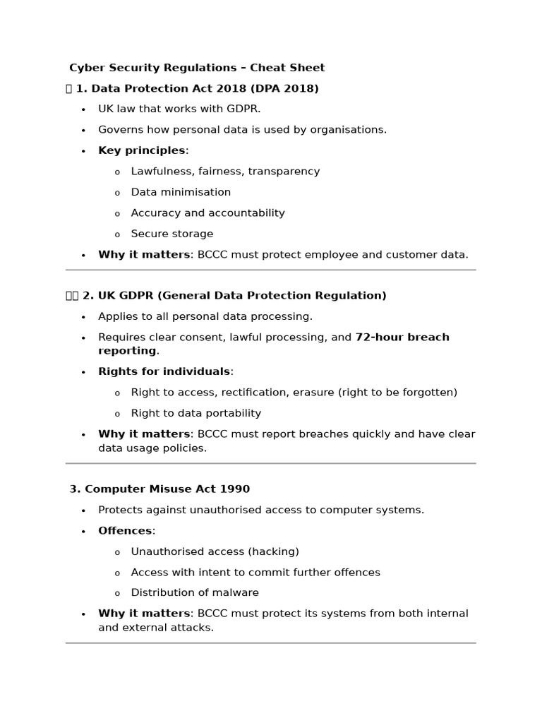 Cyber Security Regulations Cheat Sheet | PDF