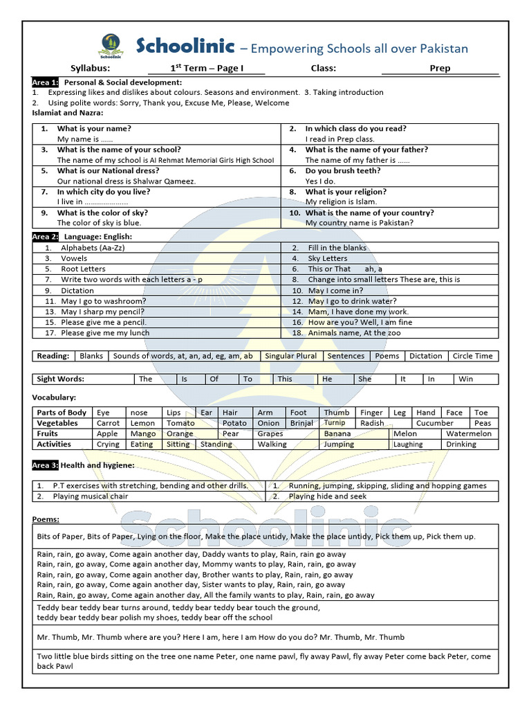 Prep Syllabus by Schoolinic (2 Term) - 1 | PDF