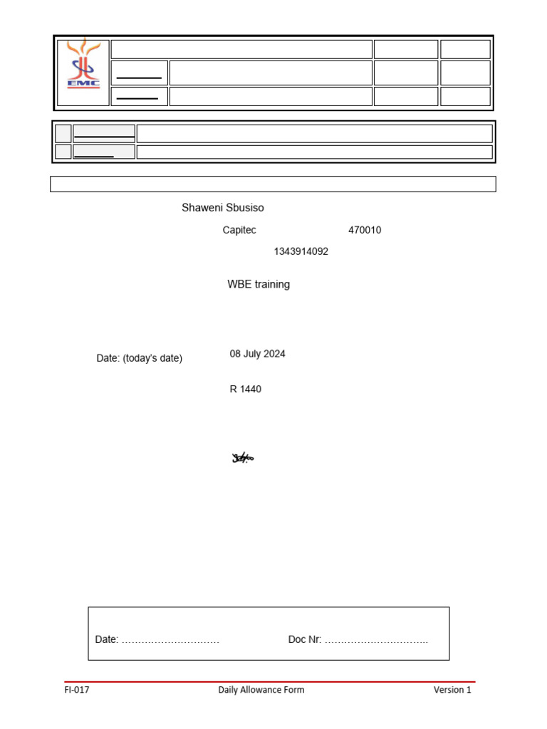 Fi-017 Daily Allowance Form Wbe Students | PDF