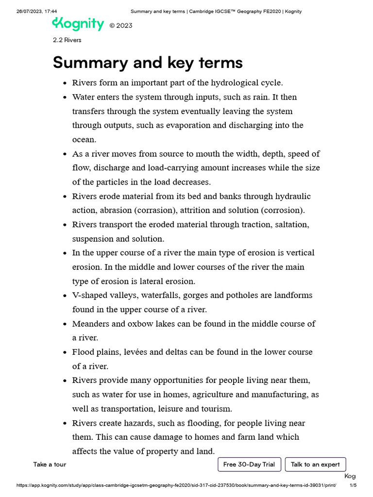 2.7 Summary and Key Terms - Cambridge IGCSE™ Geography FE2020 - Kognity | PDF | Erosion | River