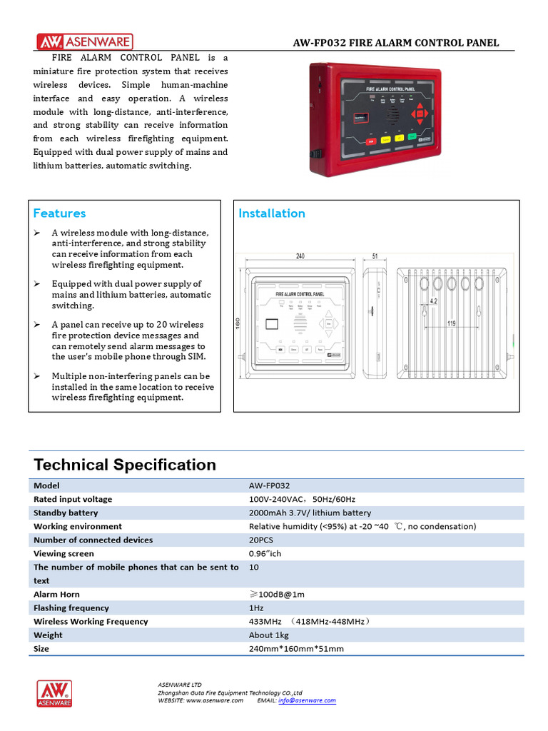 AW-FP032 FIRE ALARM CONTROL PANEL Datasheet 2024-5-10 | PDF