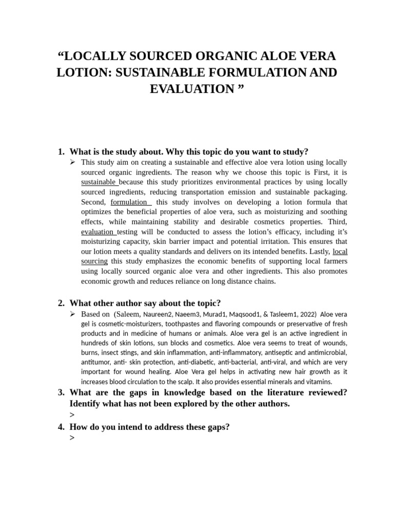 Sustainable Aloe Vera Lotion Study | PDF | Topical Medication | Cosmetics