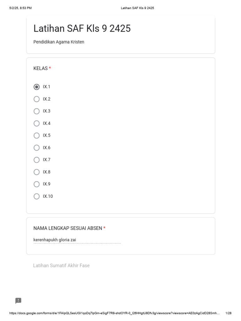 Latihan SAF Kls 9 2425 | PDF