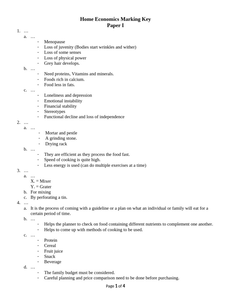 Home Economics Marking Key | PDF | Foods | Cooking