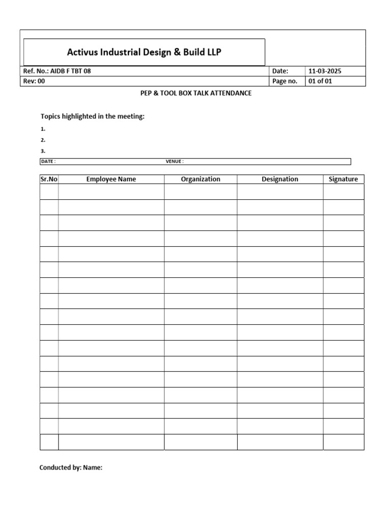 Activus Industrial Design & Build LLP: Pep & Tool Box Talk Attendance | PDF