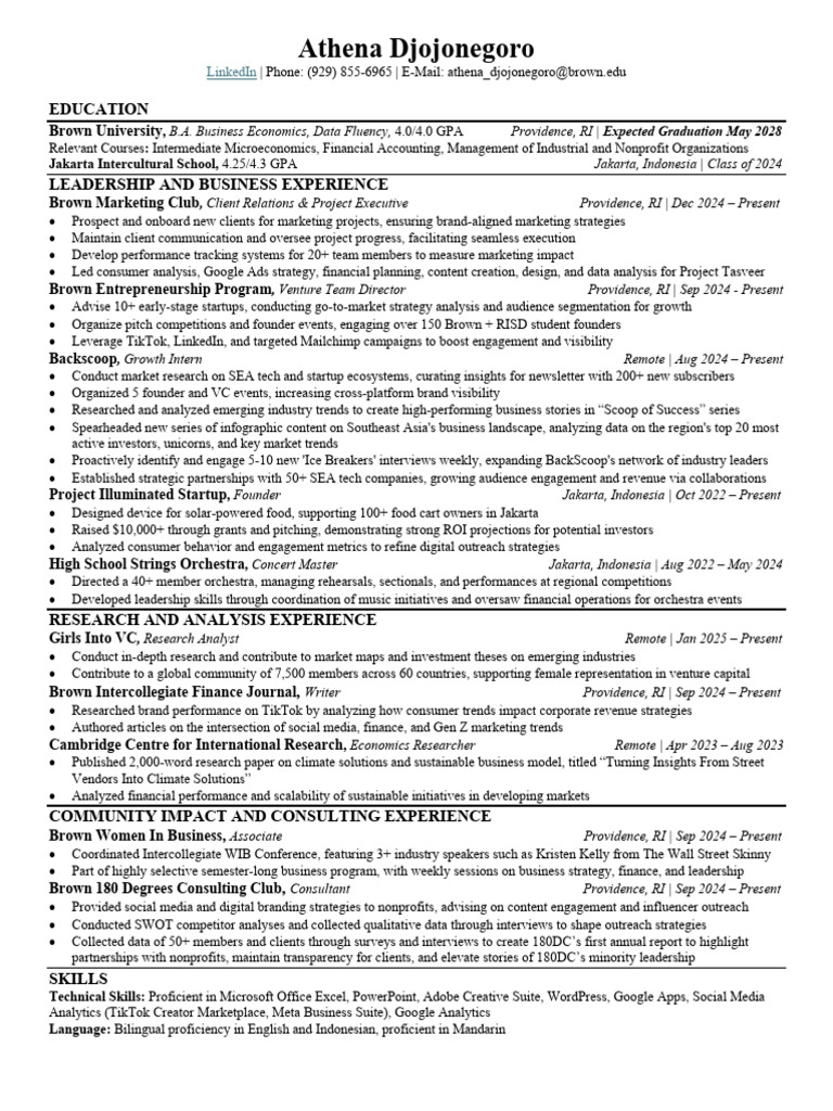 Athena Djojonegoro Resume | PDF | Startup Company | Small Business ...