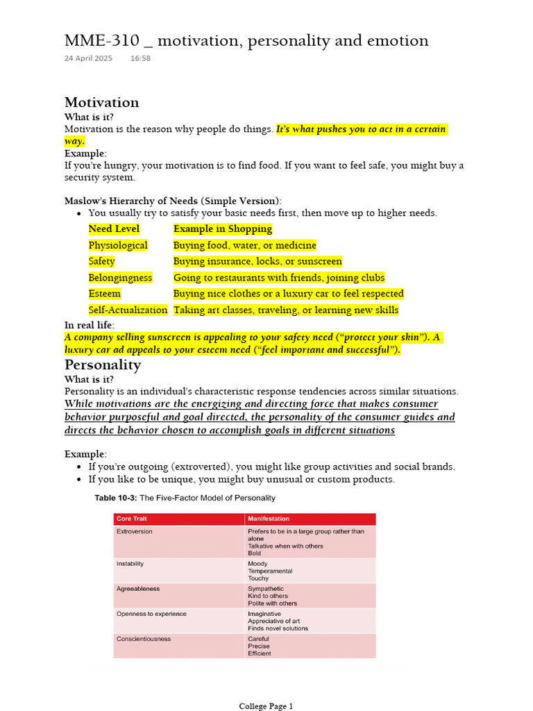 Motivation, Personality and Emotion | PDF | Motivational | Motivation