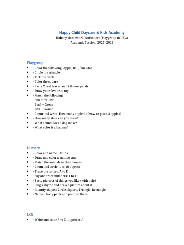 Holiday Homework 2025 2026 | PDF