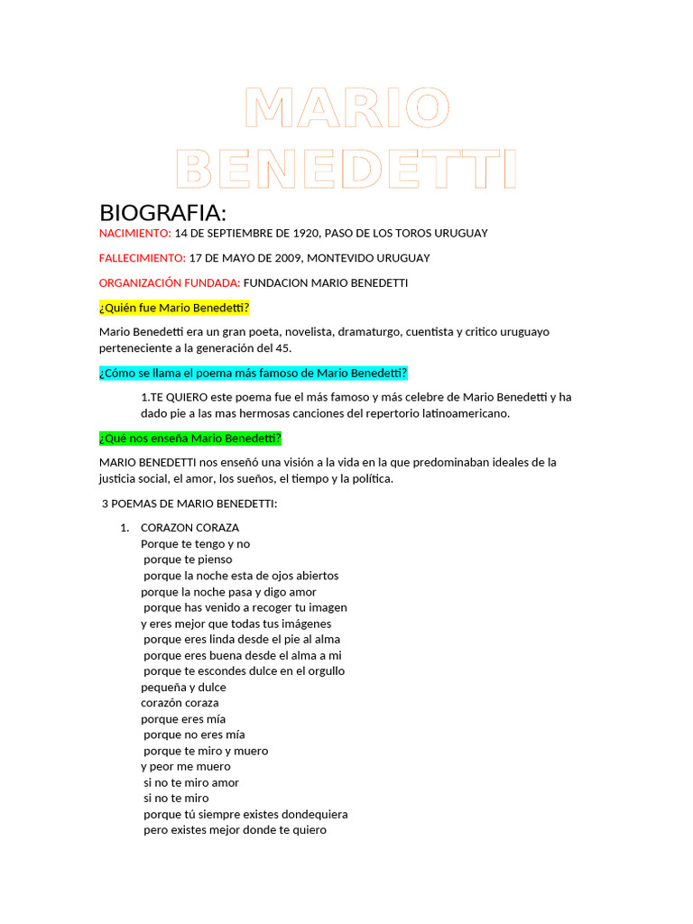 Biografía y legado de Mario Benedetti | PDF