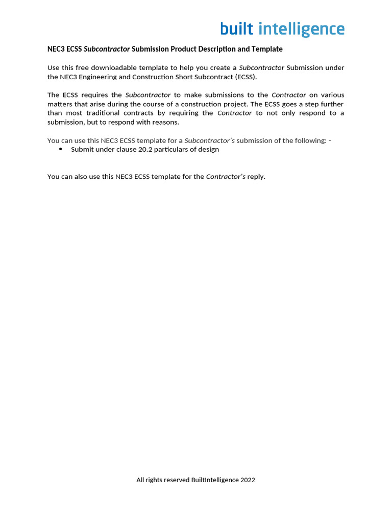 NEC3 ECSS Subcontractor Submission Workflow | PDF