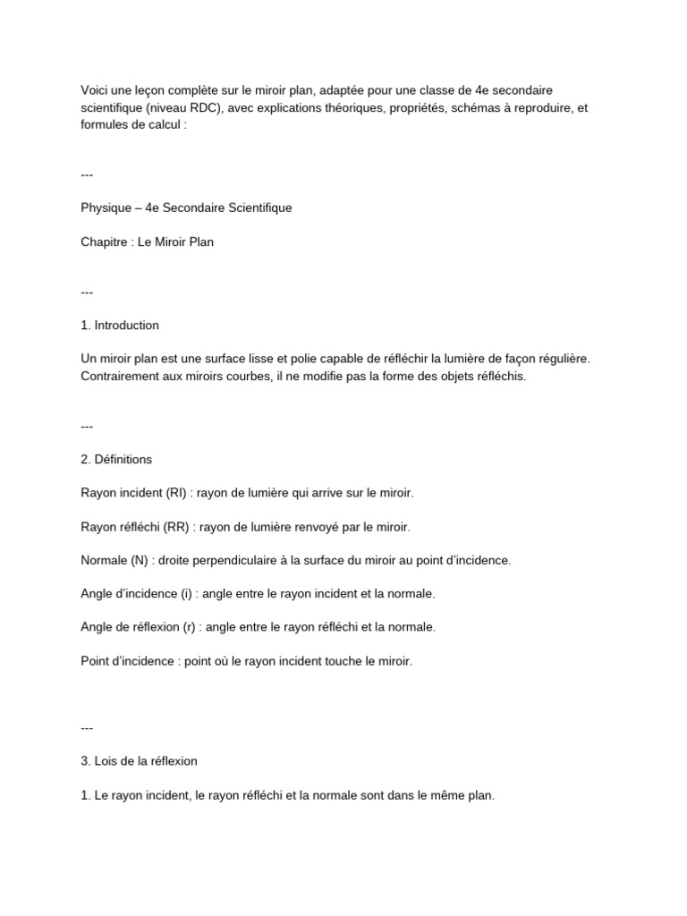 Le Miroir Plan en Physique 4e | PDF | Miroir | Lumière