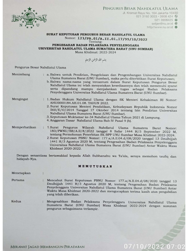 Sk Bpp Unu Sumbar 2022-2024 | PDF