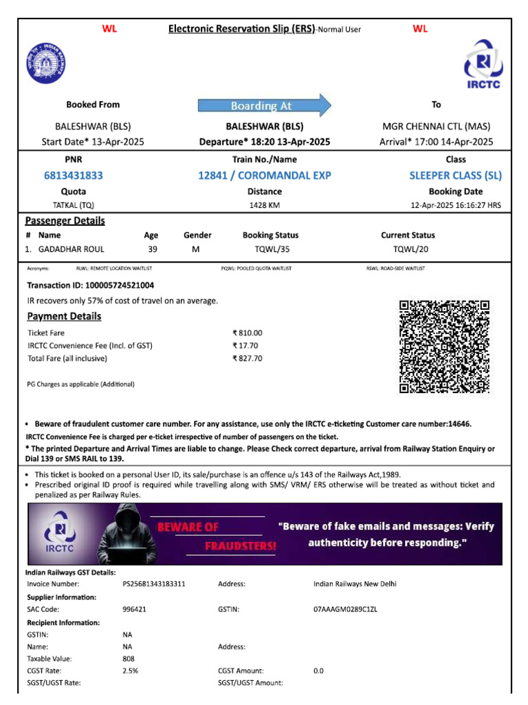 Balasore To Chennai - 12841 Sleeper | PDF