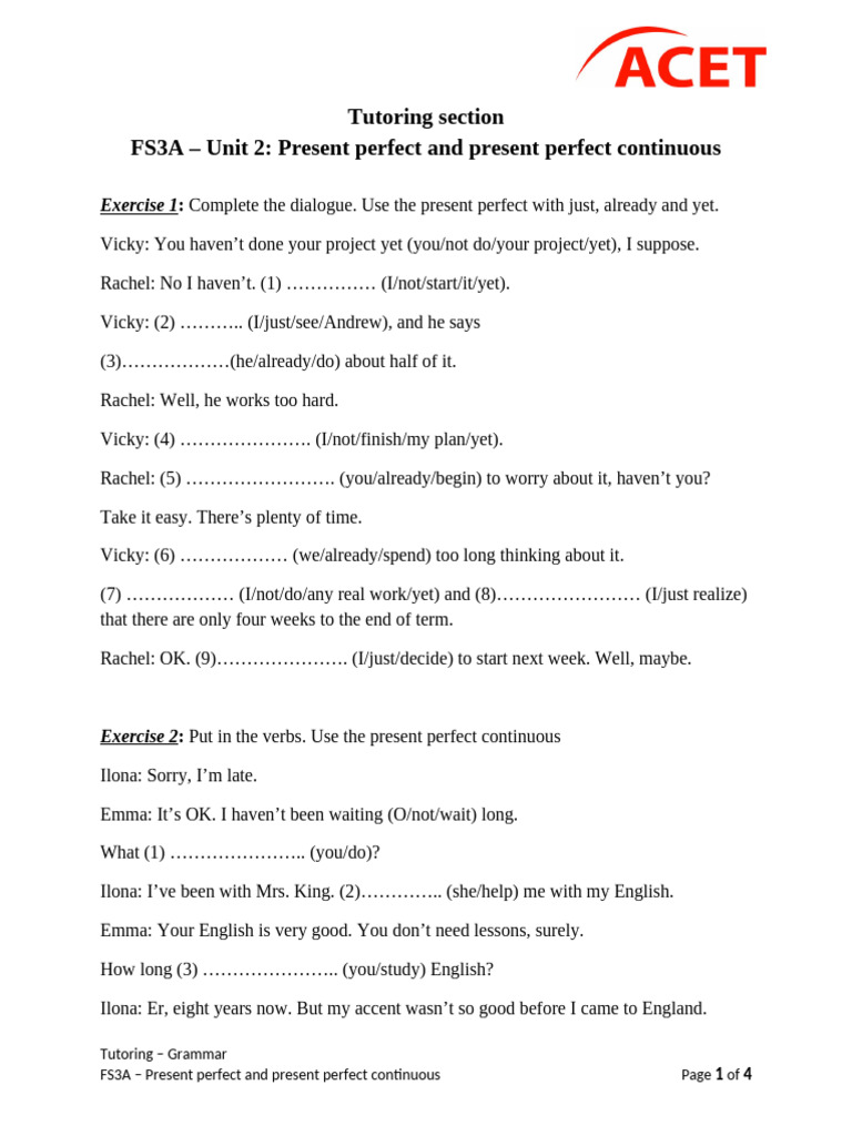 Present Perfect vs. Continuous Exercises | PDF | Linguistics | Grammar