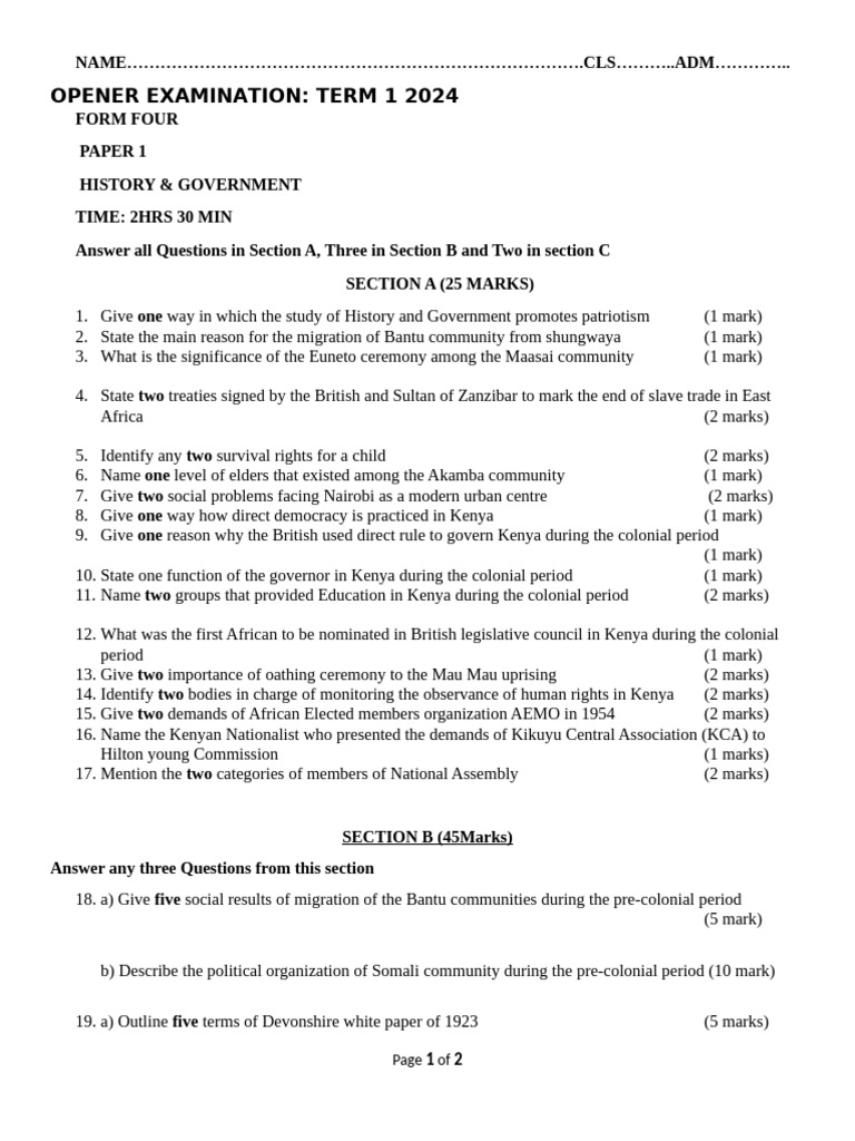 History F4 Exam Term 1 Qs - Teacher - Co - .Ke | PDF | Kenya | Africa