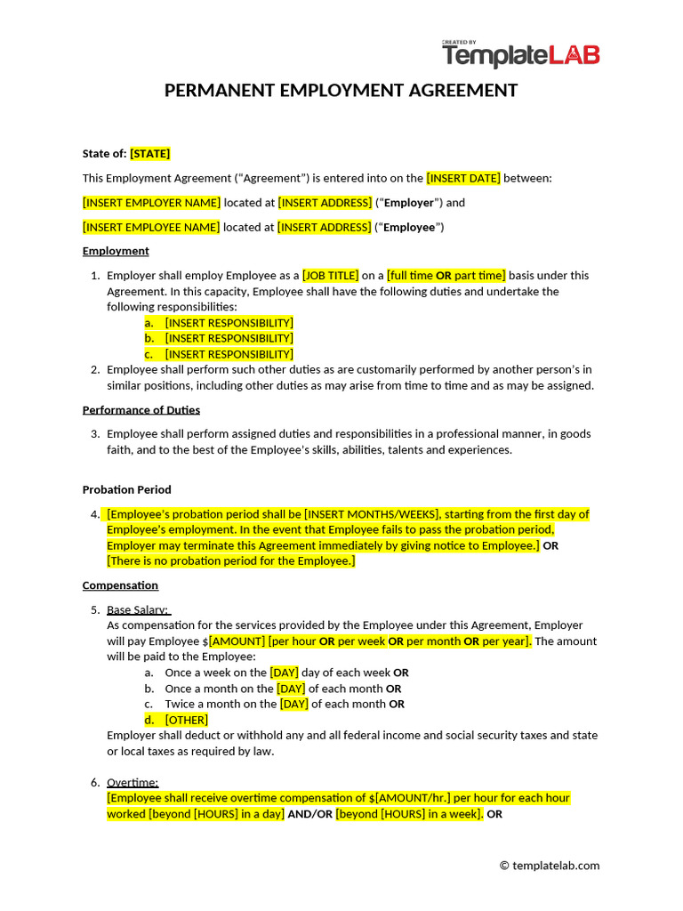 Permanent Employment Agreement Template | PDF | Employment | Trade Secret