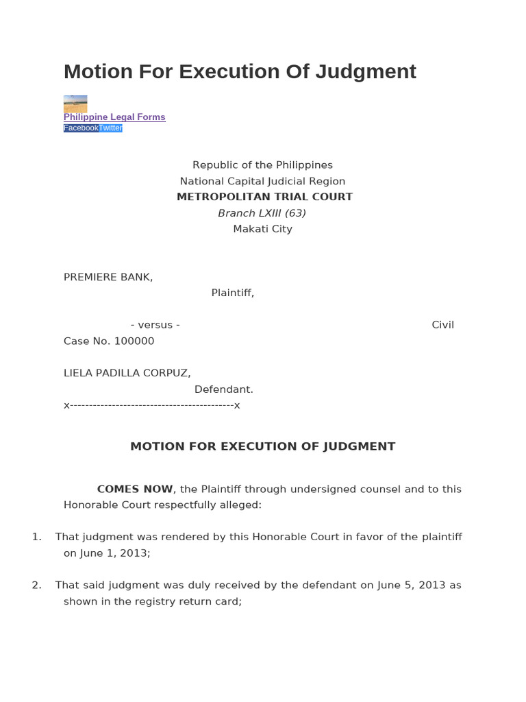Motion For Execution of Judgement in Cardinez Case | PDF | Judgment ...