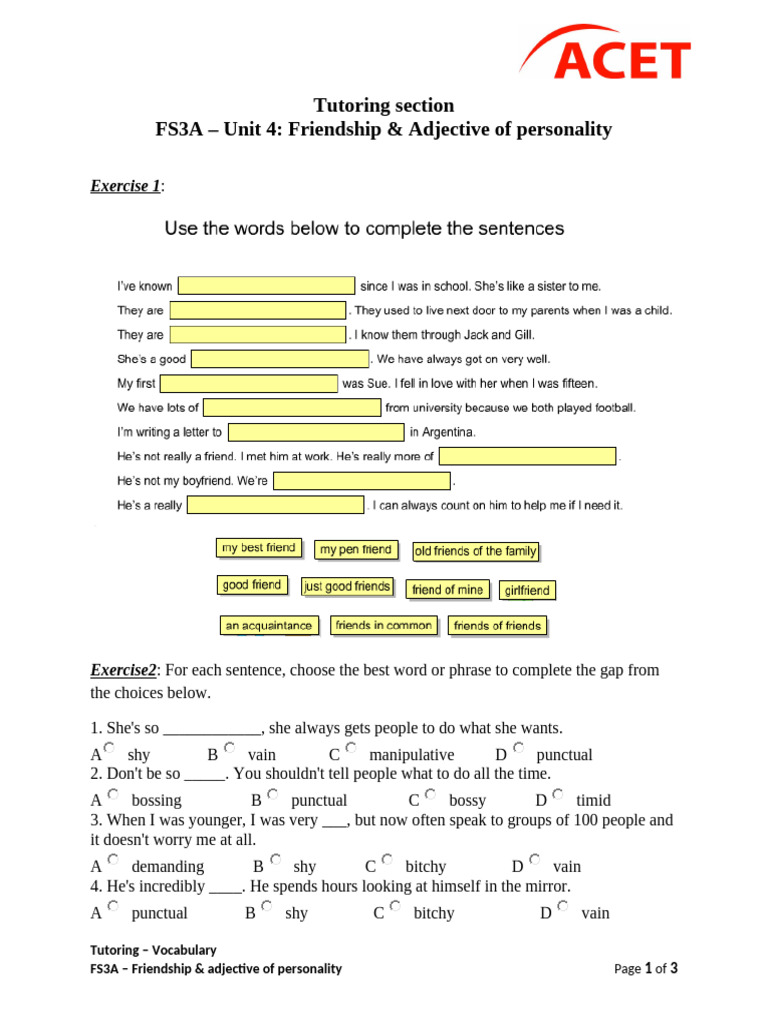 FS3A - Unit 4 - Friendship - Adjective of Personality | PDF | Linguistics