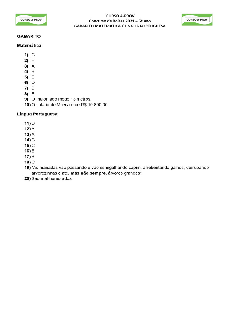 Gabarito 5º Ano Bolsão 2021 | PDF