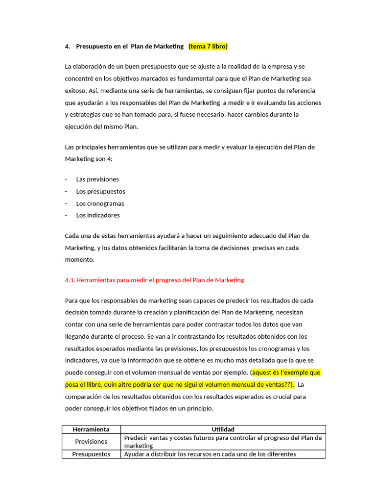 CLAVE - Tema 4 - Presupuesto en El Plan de Marketing - 1 | PDF | Presupuesto | Marketing