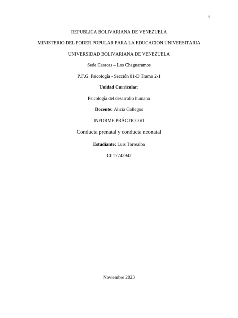 Luis Torrealba Conducta Prenatal y Neonatalinforme Práctico #1 - PDH1 ...