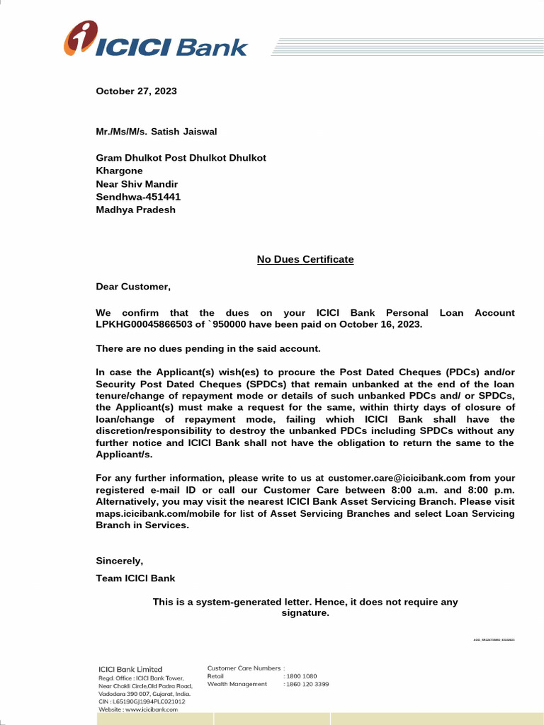 ICICI Bank Loan Closure Confirmation | PDF