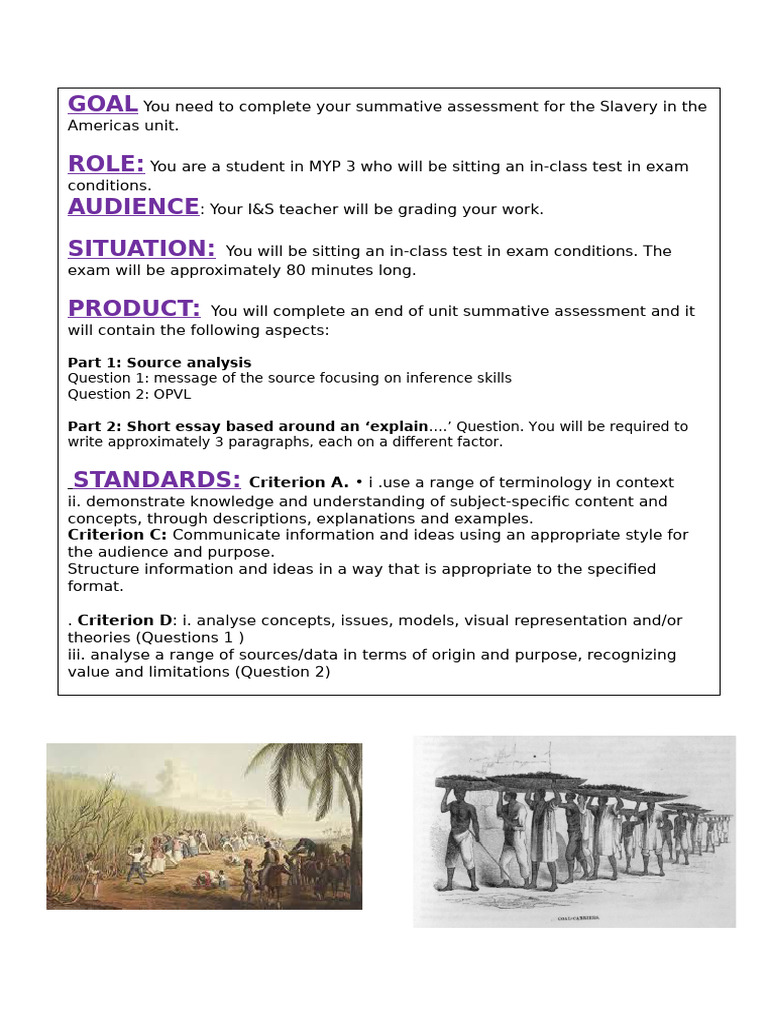 Slavery in the Americas Summative Assessment rubric and GRASPS | PDF ...