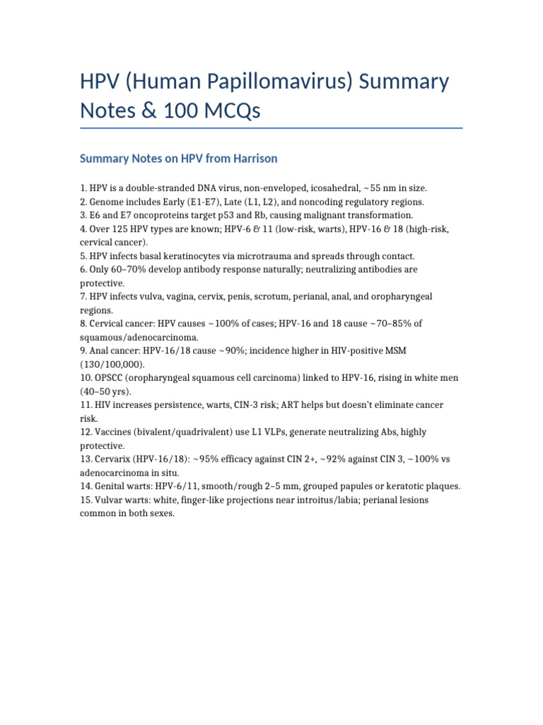 HPV Harrison Notes 100MCQs | PDF | Diseases And Disorders | Cancer