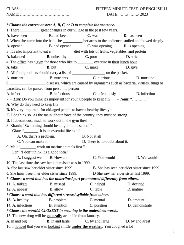 Unit 1 - 15 Minute Test (1) - 11a1 | PDF