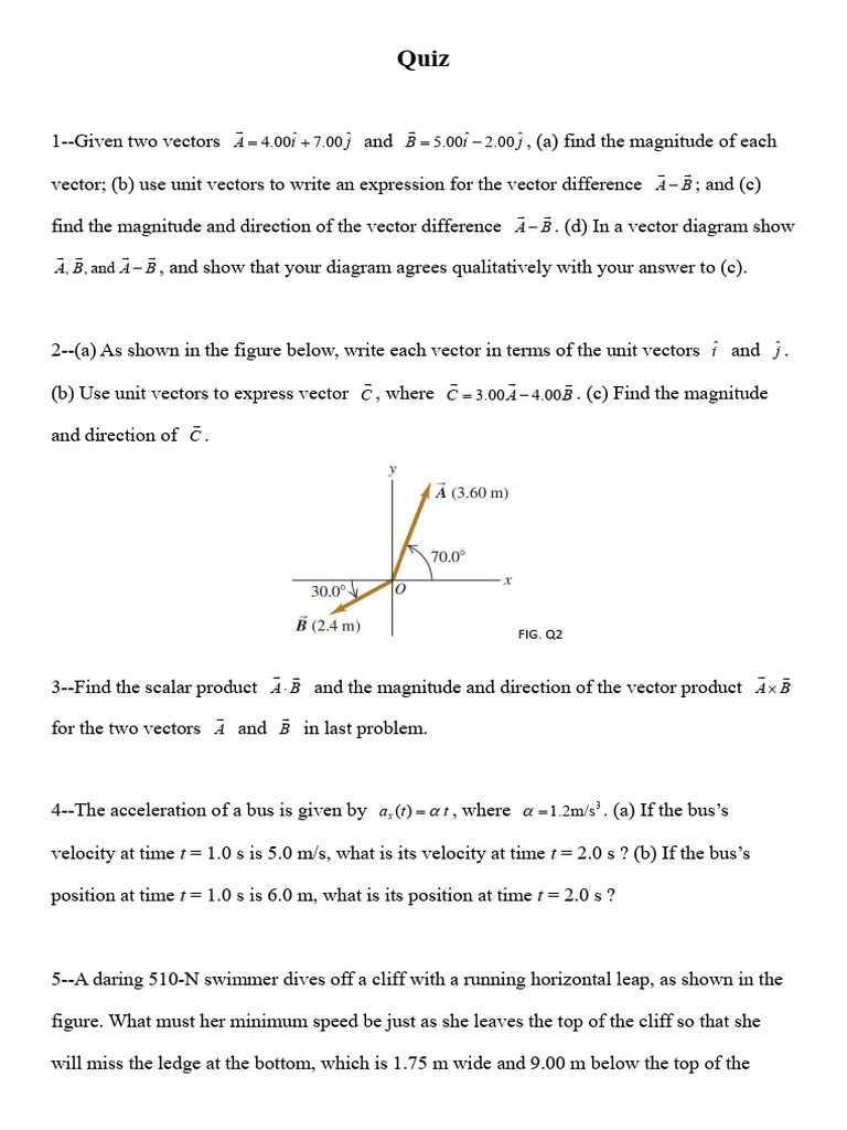 Vector and Motion Problems Quiz | PDF | Force | Euclidean Vector