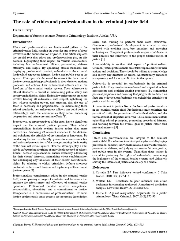 Ethics and Professionalism in Criminal Justice | PDF | Justice | Crime ...